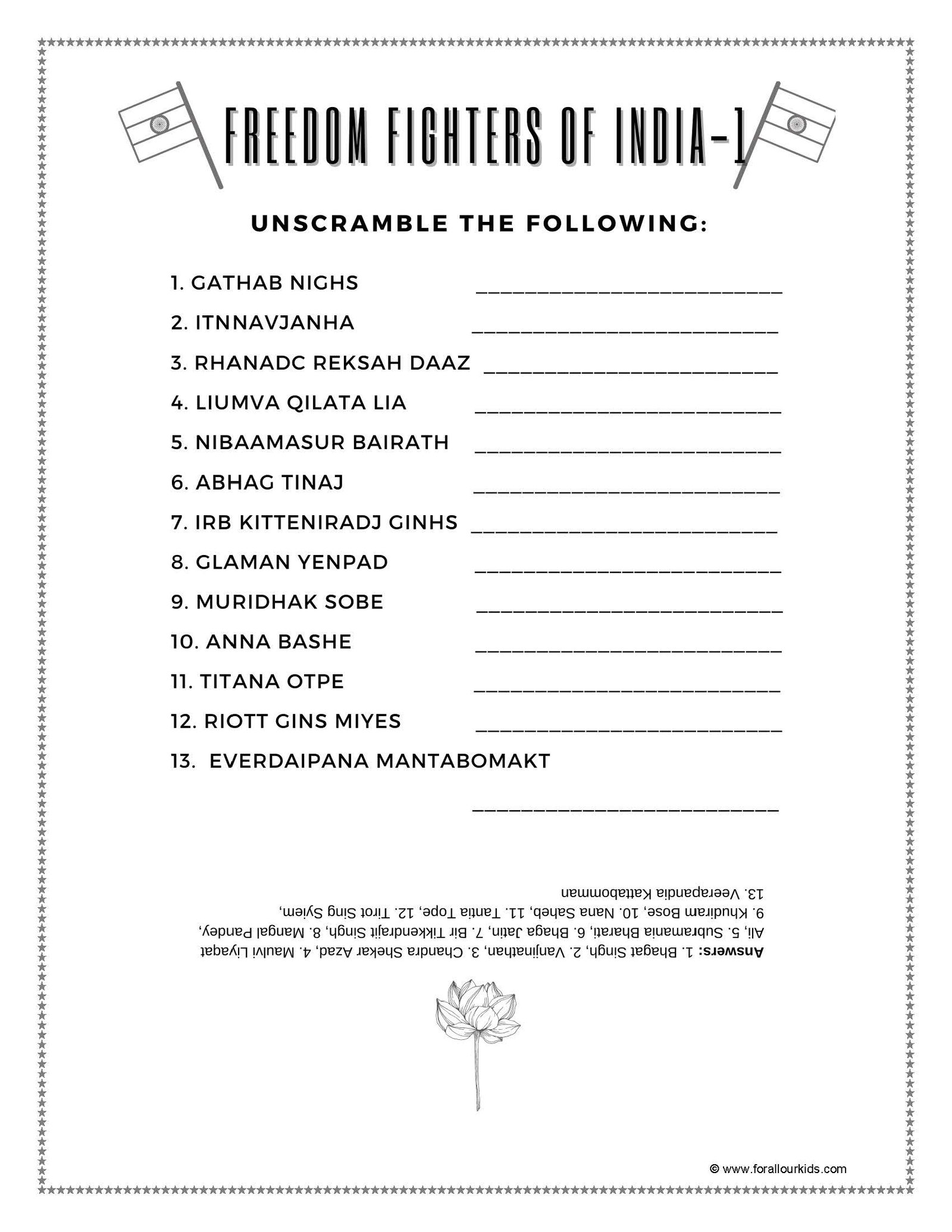 Word Scramble: All About India - 1 - For All our Kids